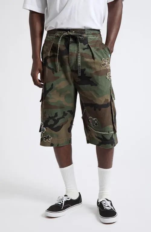 NAHMIAS Crystal Embellished Floral Patch Camouflage Print Cotton Twill Cargo Shorts - Camo Twill