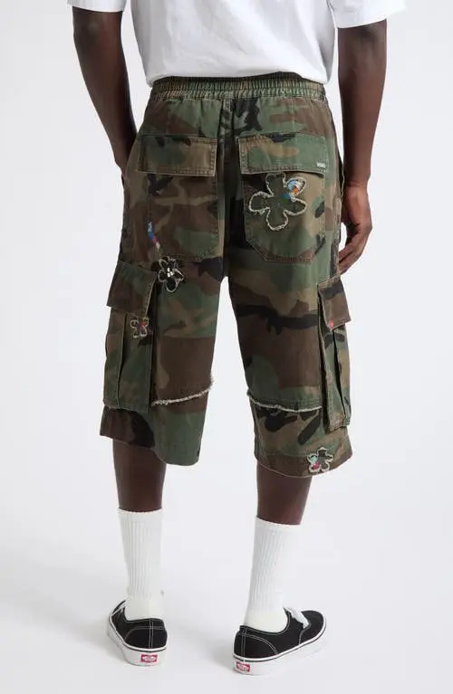 NAHMIAS Crystal Embellished Floral Patch Camouflage Print Cotton Twill Cargo Shorts - Camo Twill