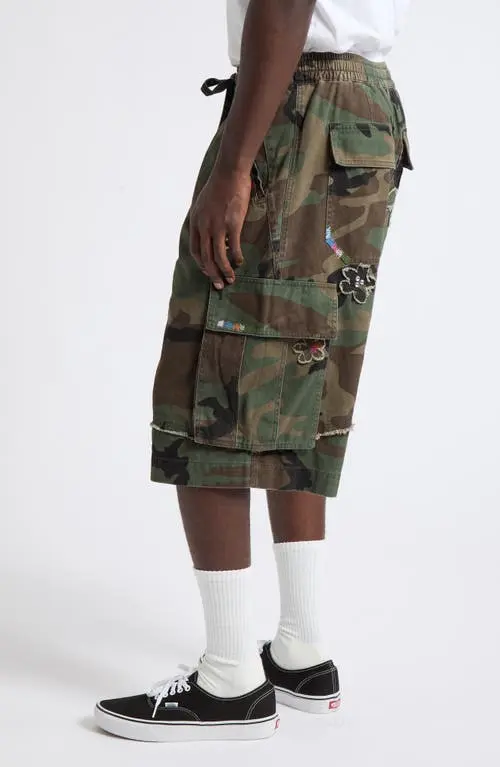 NAHMIAS Crystal Embellished Floral Patch Camouflage Print Cotton Twill Cargo Shorts - Camo Twill