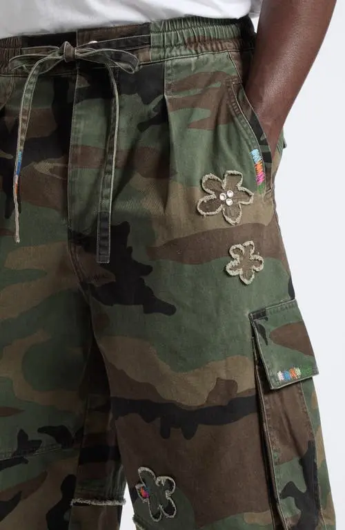 NAHMIAS Crystal Embellished Floral Patch Camouflage Print Cotton Twill Cargo Shorts - Camo Twill