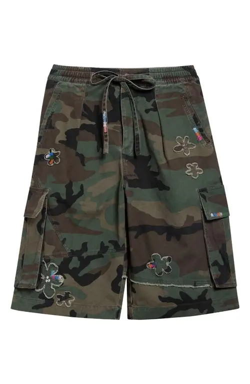 NAHMIAS Crystal Embellished Floral Patch Camouflage Print Cotton Twill Cargo Shorts - Camo Twill