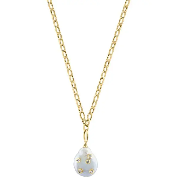 EFFY 14k Yellow Gold Diamond And Baroque Freshwater Pearl Pendant Necklace - 14k Gold
