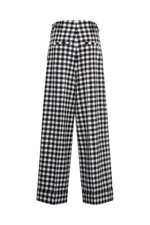 MAISON COMMON Wide Leg Plaid Pants With Cuff - Black/white