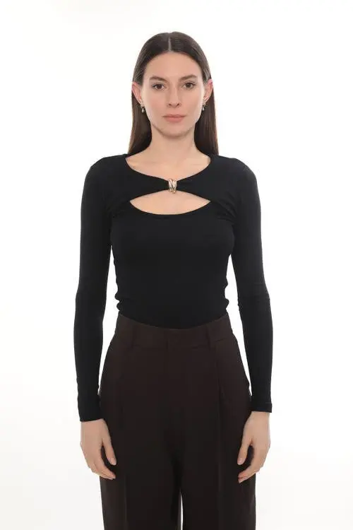 MONLICIA Detail Cutout Long Sleeve Stretch Top - Black