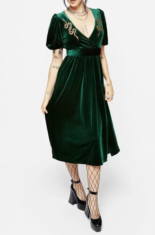 DISTURBIA Velour Applique Midi Wrap Dress