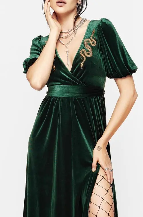 DISTURBIA Velour Applique Midi Wrap Dress