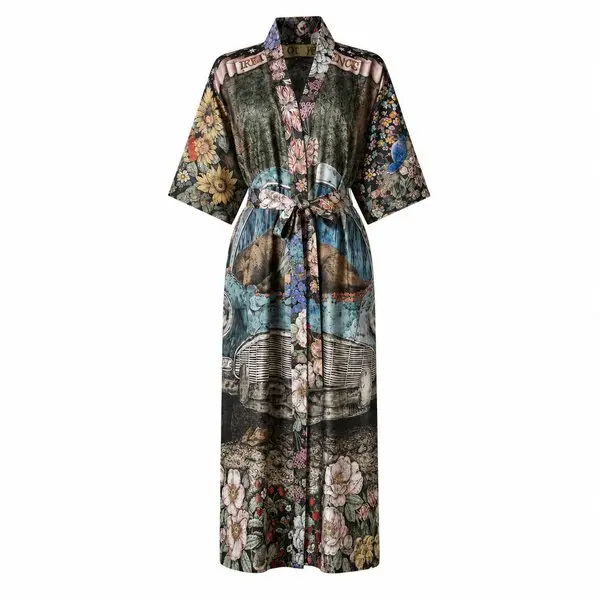 WENZI Return To Silence Double Sided Mulberry Silk Kimono Robe Reversible Luxury Floral Bear Bird Print Long Robe - Purple