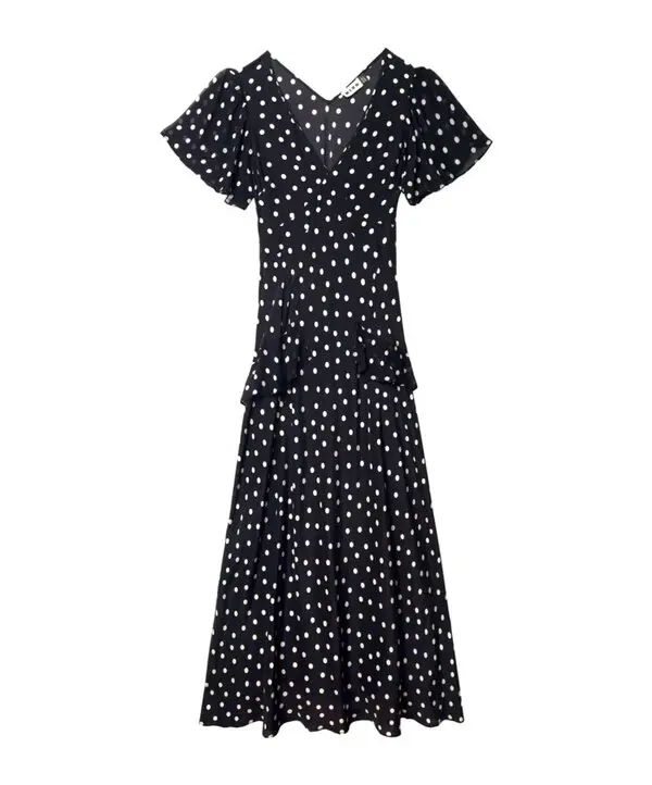 Rixo V-neck Polka Dot Midi Dress With Short Sleeves - Black