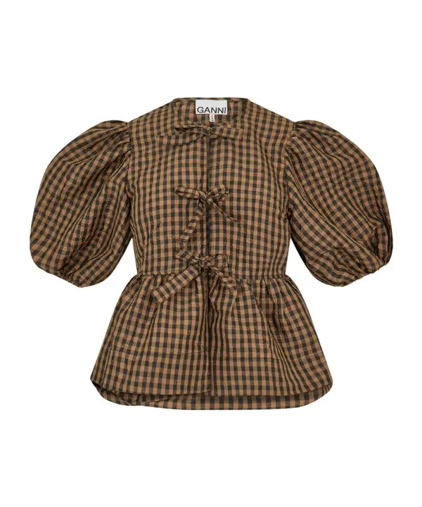 GANNI Checkered Puff Sleeve Blouse With Tie Detail - Brown