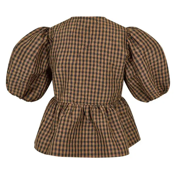 GANNI Checkered Puff Sleeve Blouse With Tie Detail - Brown