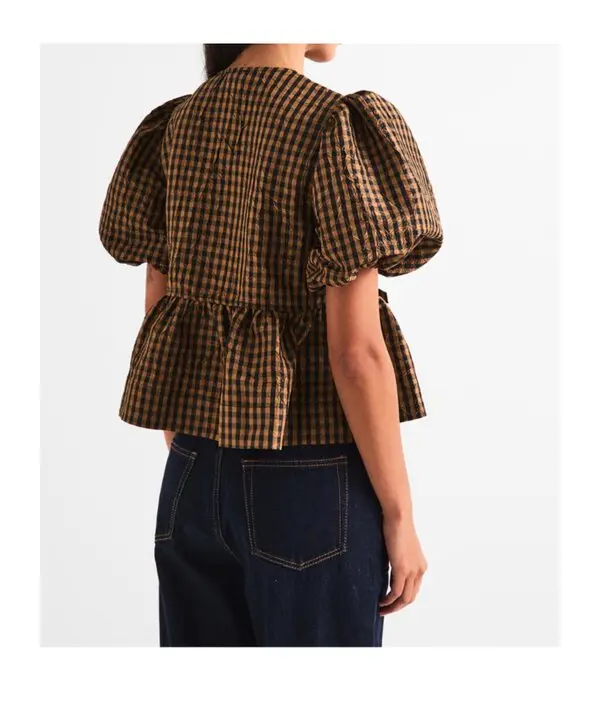 GANNI Checkered Puff Sleeve Blouse With Tie Detail - Brown
