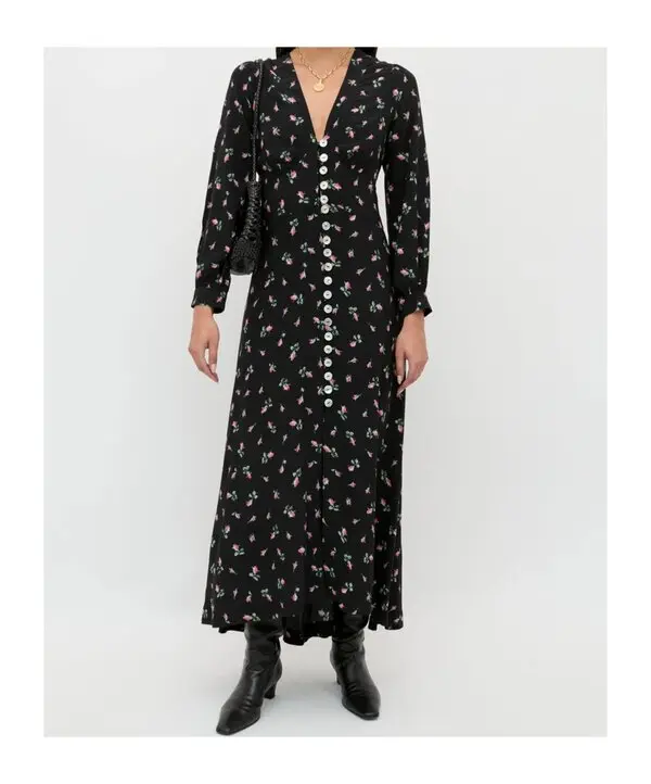 Rixo Floral Print V-neck Long Sleeve Maxi Dress
