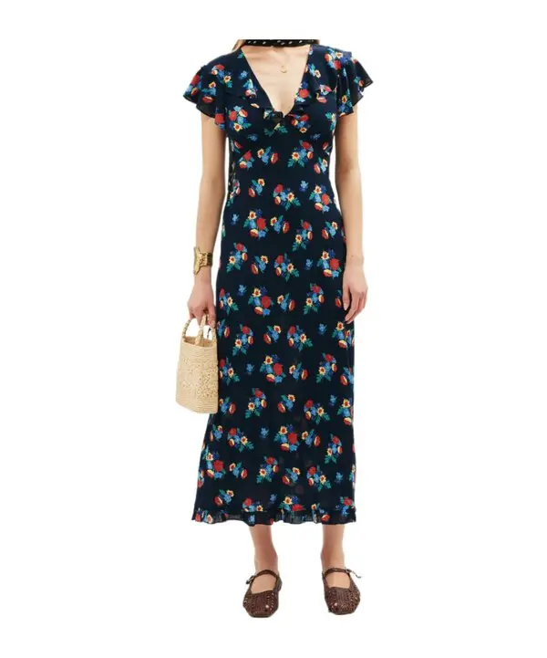 Rixo Floral Print V-neck Dress With Ruffles
