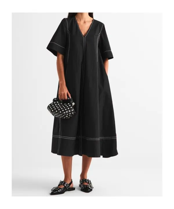 GANNI V-neck Short-sleeved Dress With Contrast Stitching