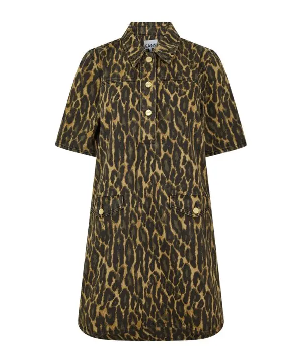 GANNI Leopard Print Denim Shirt Dress