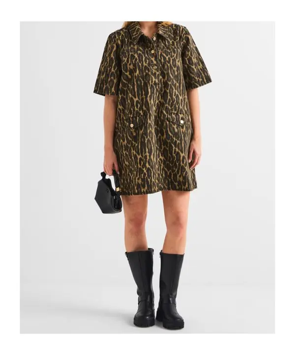 GANNI Leopard Print Denim Shirt Dress