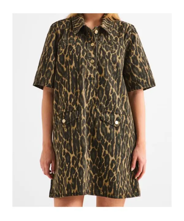 GANNI Leopard Print Denim Shirt Dress