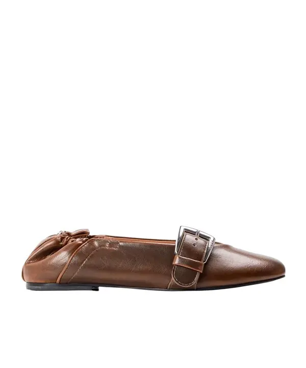 GANNI Brown Leather Ballerina Flats With Buckle Detail - Blue