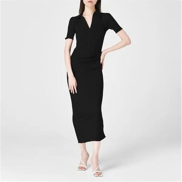 Helmut Lang Ribbed Knit V-neck Midi Dress