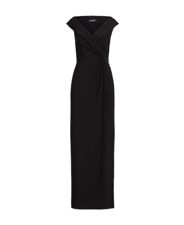 Ralph Lauren Off-the-shoulder V-neck Gown With Side Slits And Pleating - Black