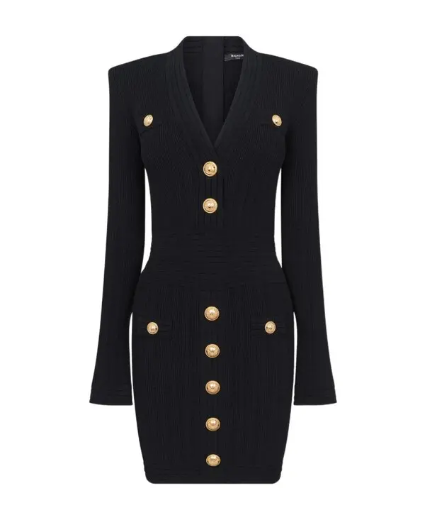 Balmain V-neck Ribbed Knit Dress With Button Detail
