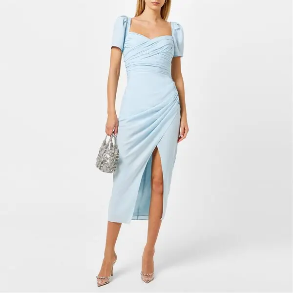 SELF-PORTRAIT Short Sleeve Midi Dress With Pleated Details