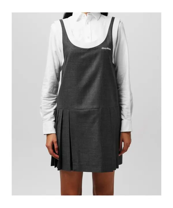 Miu Miu Logo Embroidered Pleated Mini Dress