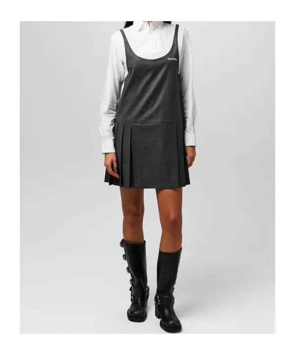 Miu Miu Logo Embroidered Pleated Mini Dress