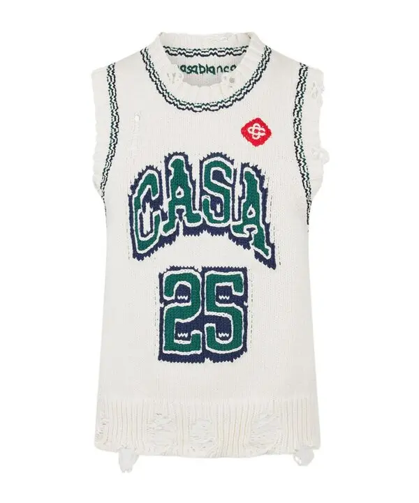 Casablanca Crew Neck Sleeveless Baseball Knit Jumper - White