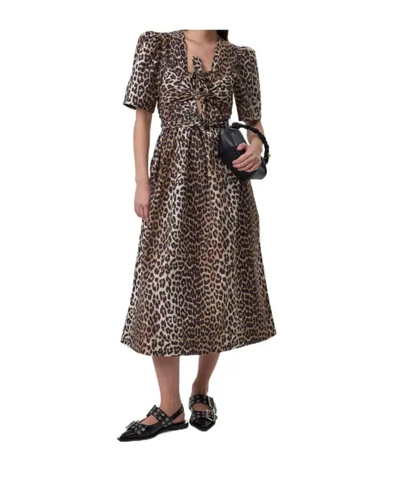 GANNI Leopard Print Belted Midi Tea Dress - Black