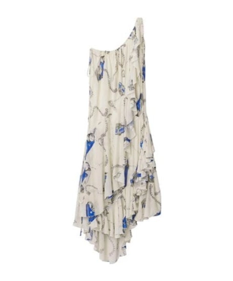 Burberry One-shoulder Chain Print Tiered Ruffled Dress - Nude