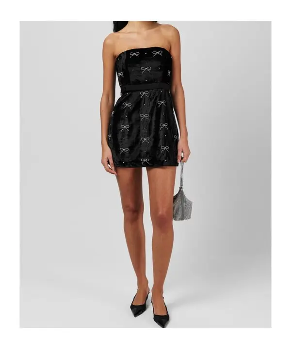 LoveShackFancy Rhinestone Bow Embellished Off-the-shoulder Mini Dress