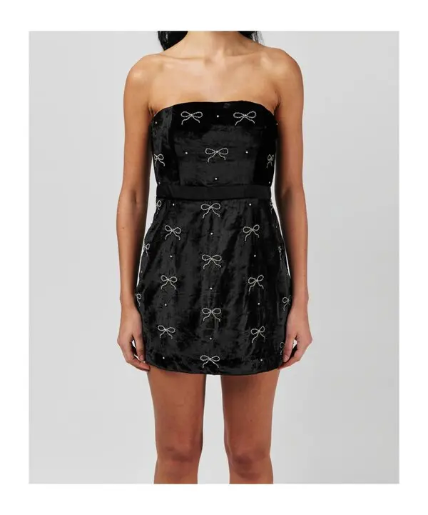 LoveShackFancy Rhinestone Bow Embellished Off-the-shoulder Mini Dress