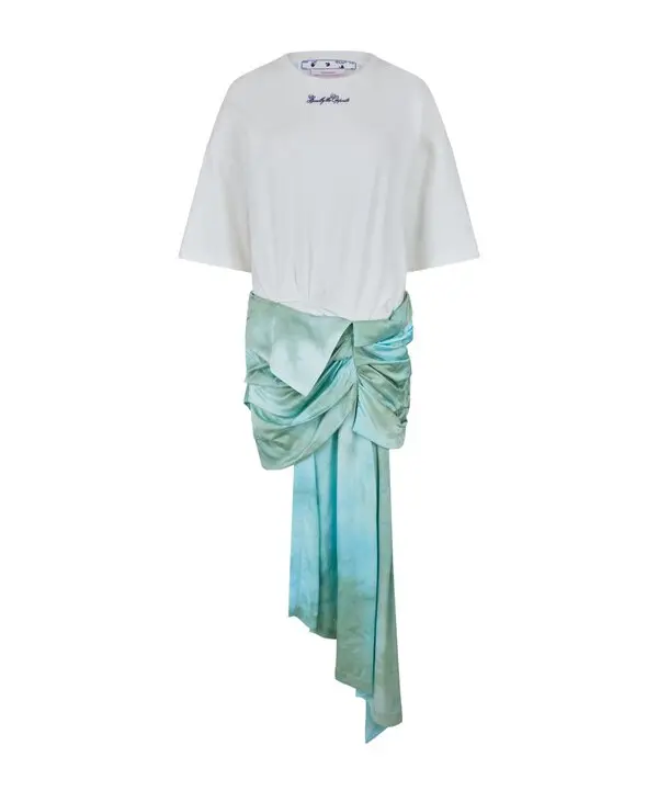 Off-White Crewneck T-shirt Dress With Draped Tie-dye Skirt