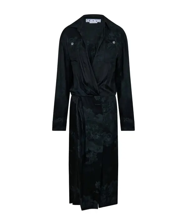 Off-White Satin Floral Jacquard Wrap Dress