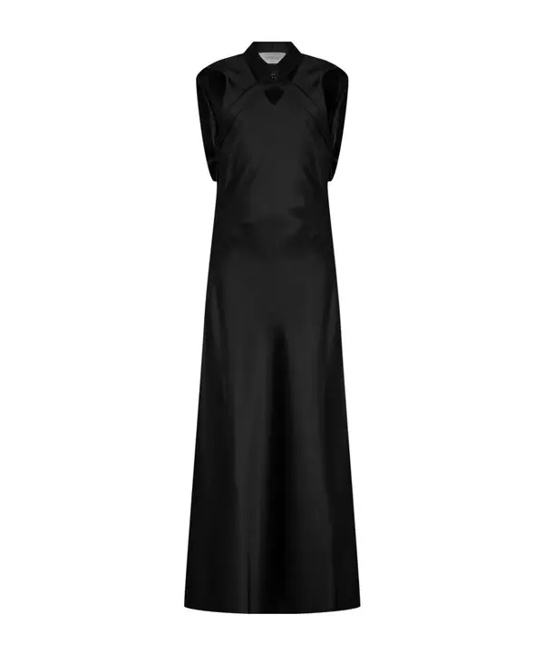 Off-White Maxi Dress In Glossy Satin With Stand Collar