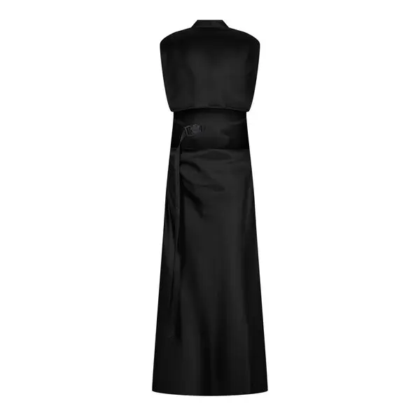 Off-White Maxi Dress In Glossy Satin With Stand Collar