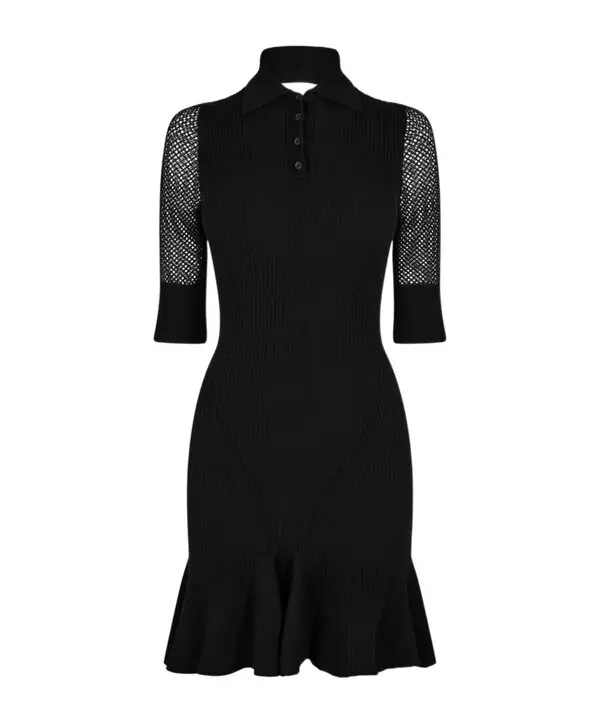 Off-White Ribbed Knit Dress With Mesh Sleeves