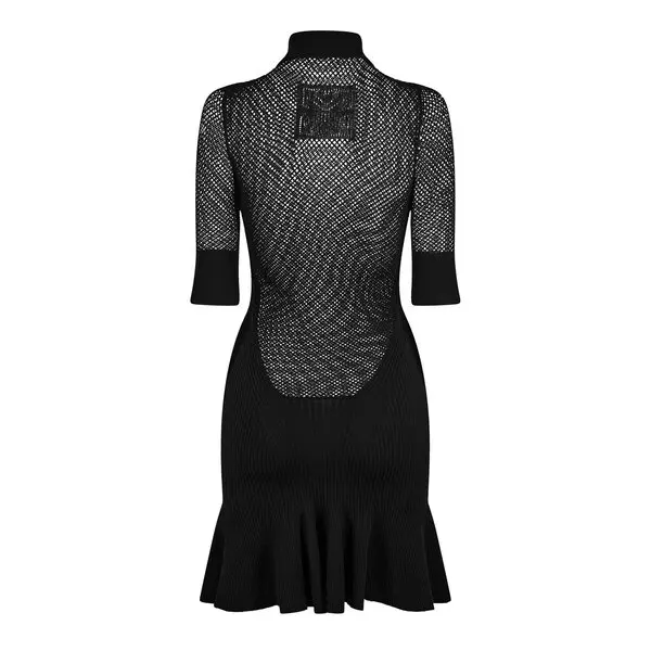 Off-White Ribbed Knit Dress With Mesh Sleeves