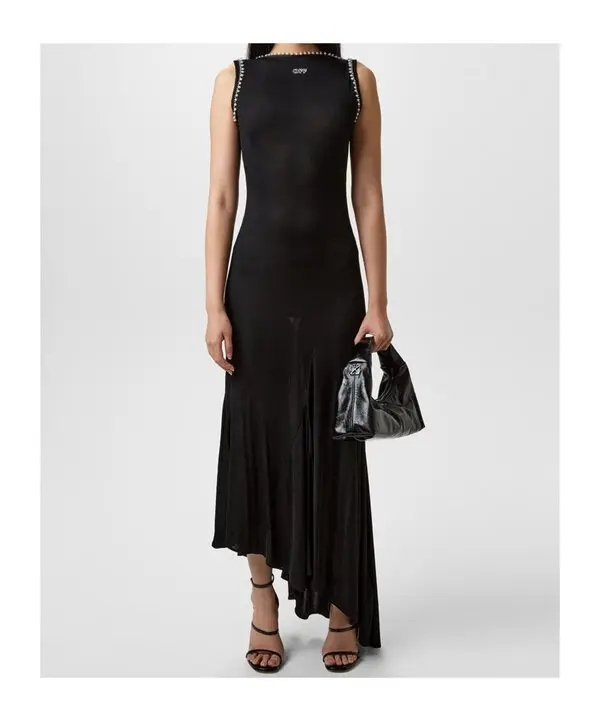 Off-White Ribbed Semi-transparent Backless Viscose Maxi Dress