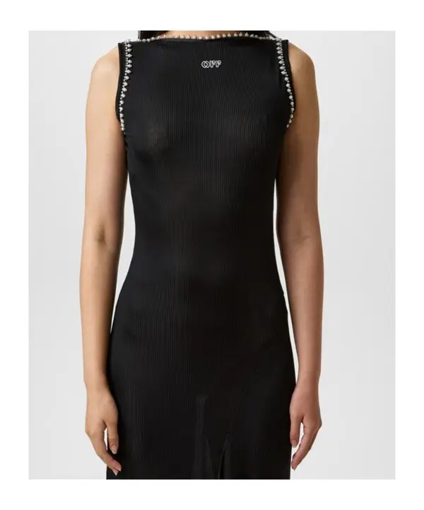 Off-White Ribbed Semi-transparent Backless Viscose Maxi Dress