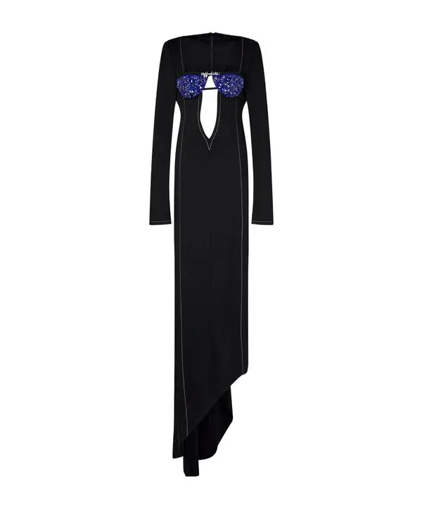 Off-White Asymmetrical Maxi Dress With Blue Crystal Embellishments - Black