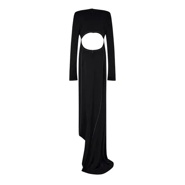 Off-White Asymmetrical Maxi Dress With Blue Crystal Embellishments