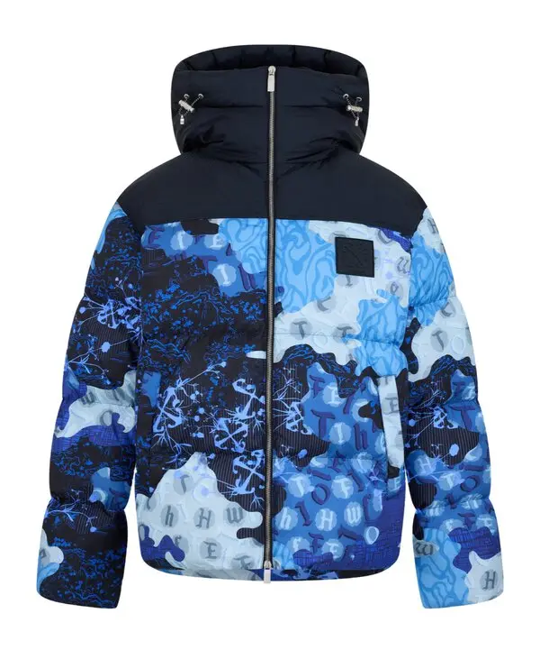Off-White Tone Graffiti Print Hooded Down Jacket - Blue