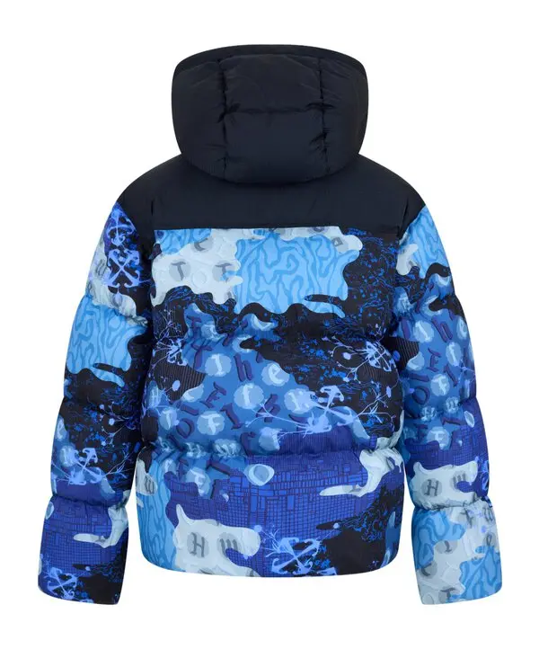 Off-White Tone Graffiti Print Hooded Down Jacket - Blue