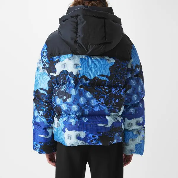 Off-White Tone Graffiti Print Hooded Down Jacket - Blue