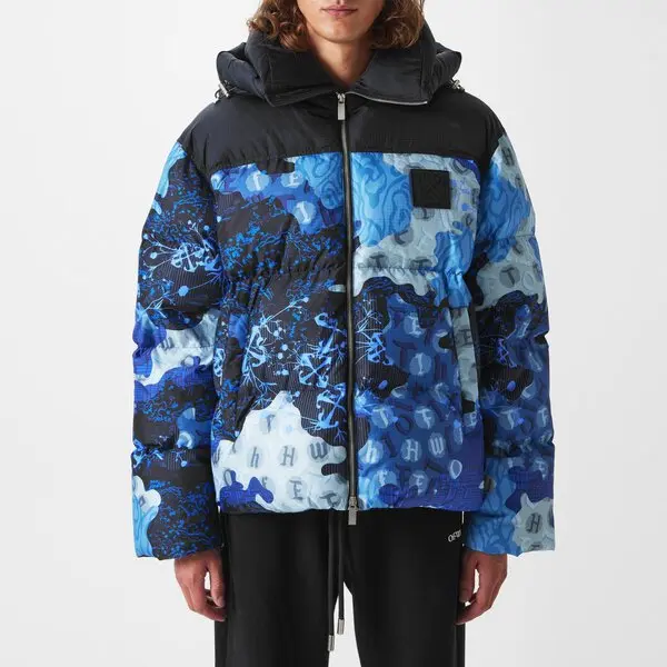 Off-White Tone Graffiti Print Hooded Down Jacket - Blue