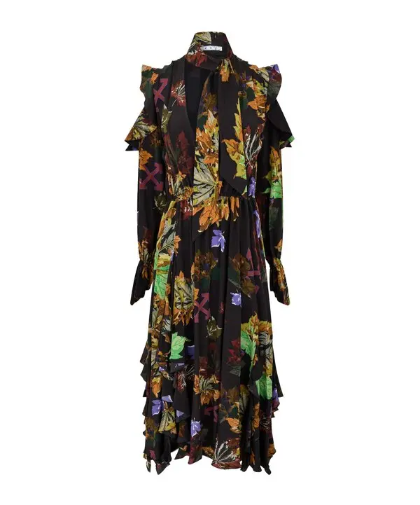 Off-White Floral Print Ruffled Dress