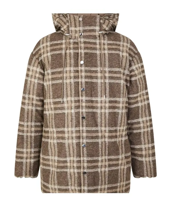 Hugo Boss Brown Plaid Hooded Wool-blend Padded Coat
