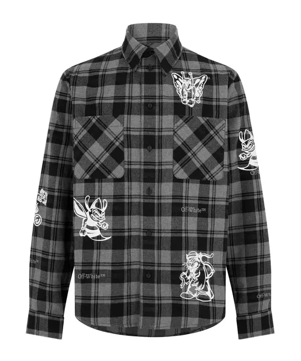 Off-White Cartoon Print Grey Plaid Flannel Shirt - Black
